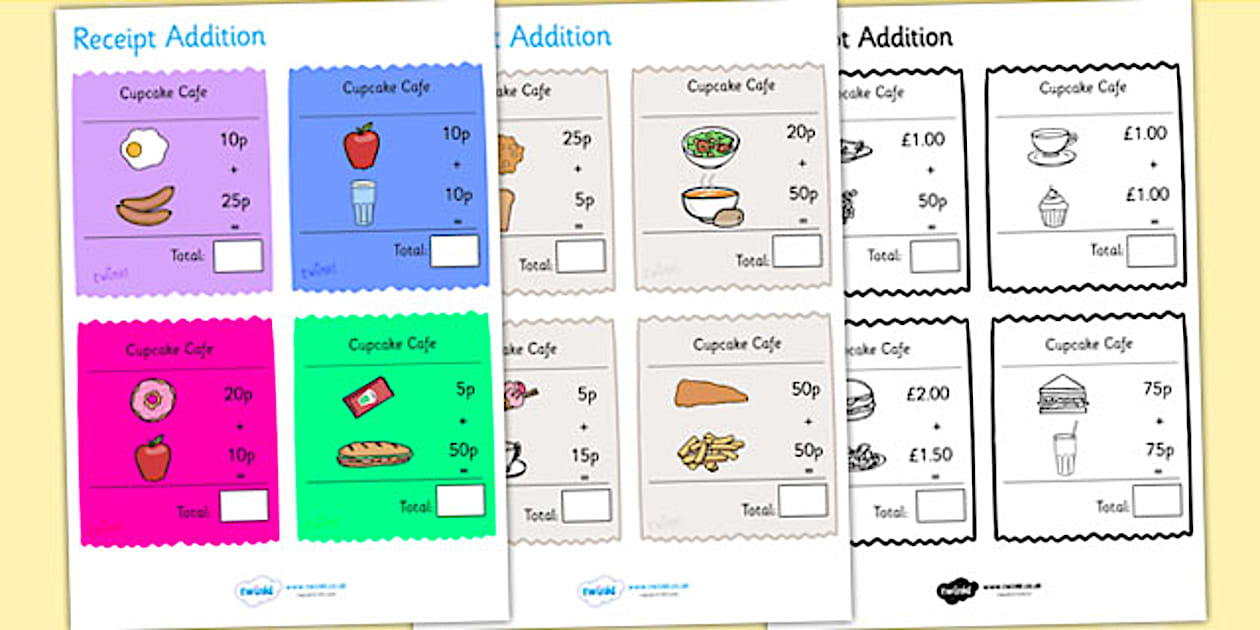 Receipt Addition Maths Worksheet / Worksheet Pack - Twinkl