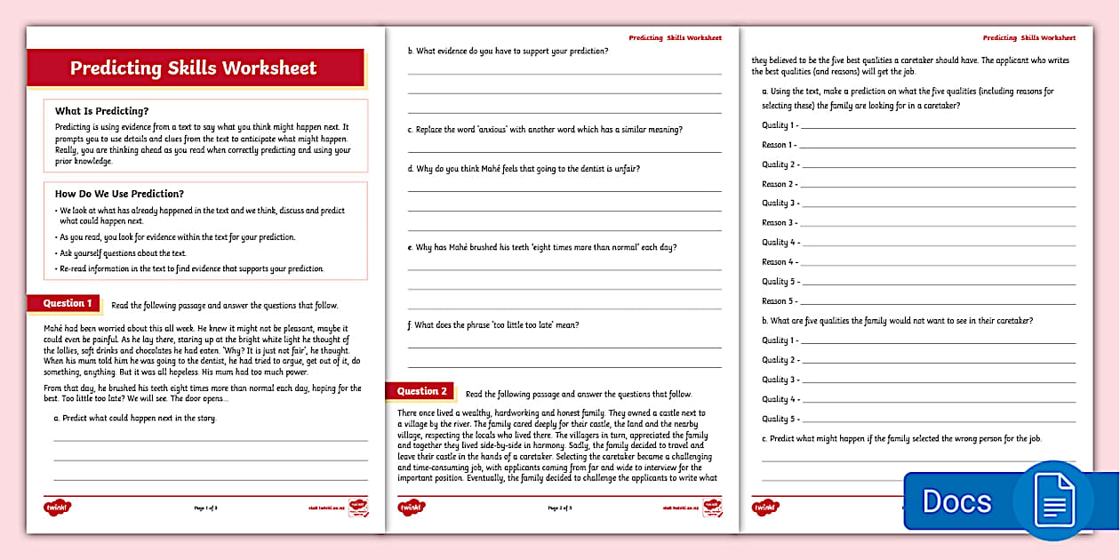 Reading Comprehension Skills: Predicting Worksheet (Year 5-6)