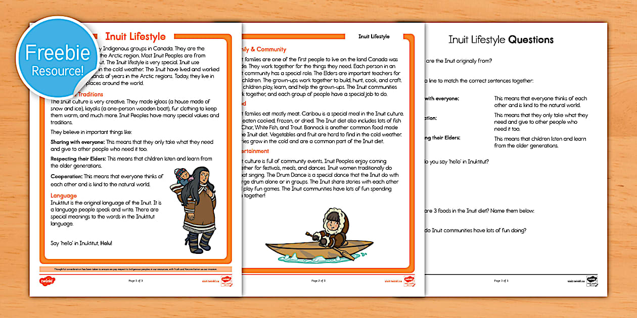 Inuit Lifestyle Primary Reading Comprehension (teacher made)
