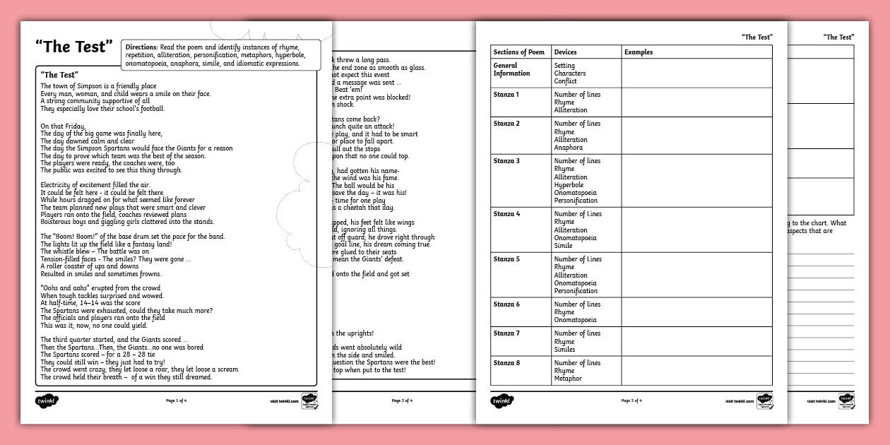 Eighth Grade Poetry Analysis (Figurative Language) The Test