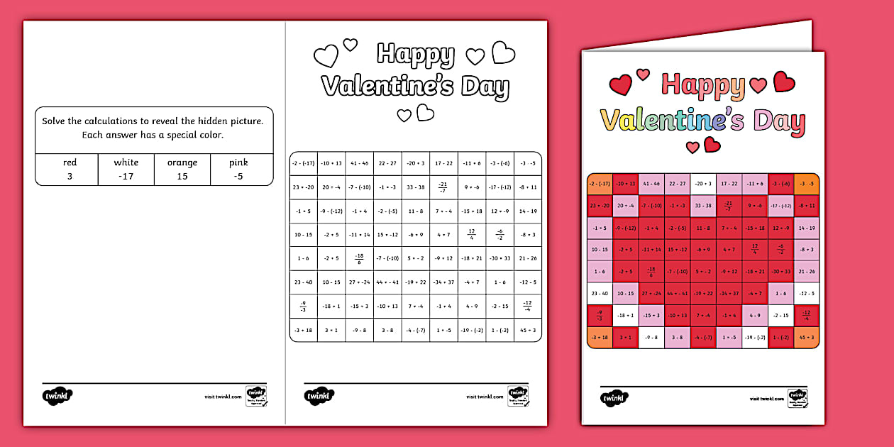 Seventh Grade Mixed Operations with Integers Mosaic Valentine’s Day Card