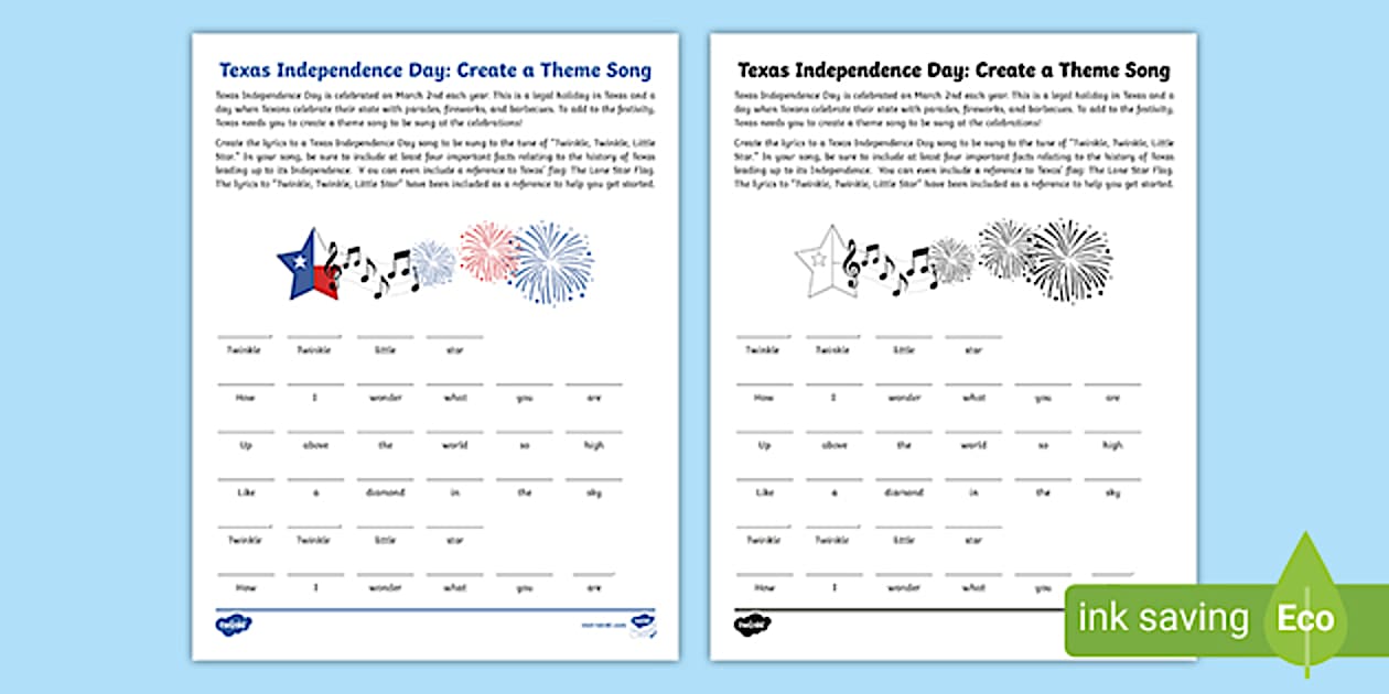 Texas Independence Day: Create a Song Worksheet - Twinkl