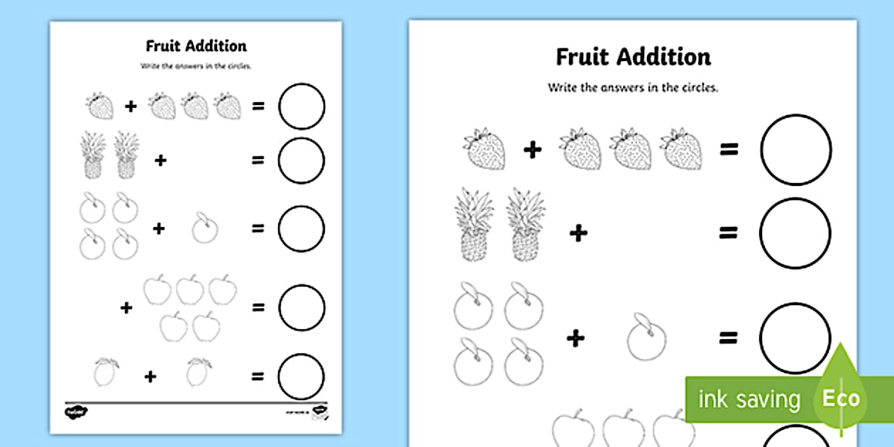 Fruit Addition Up to 5 Worksheet (teacher made) - Twinkl