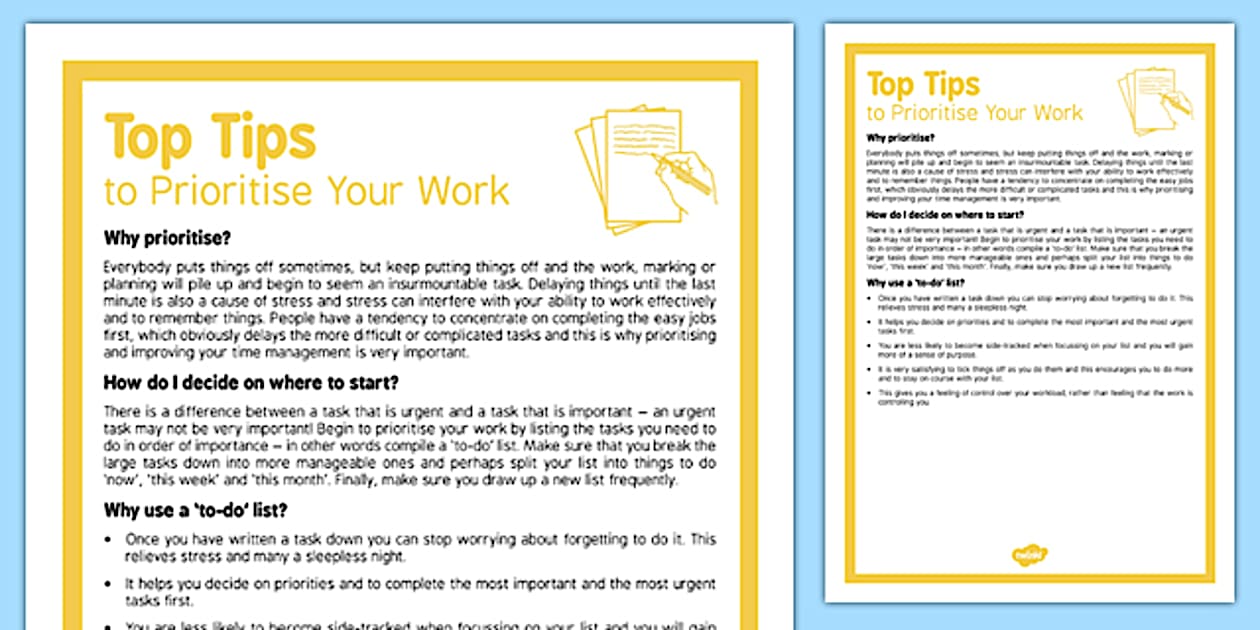 Black and White Prioritising Workload - Top Tips - Twinkl