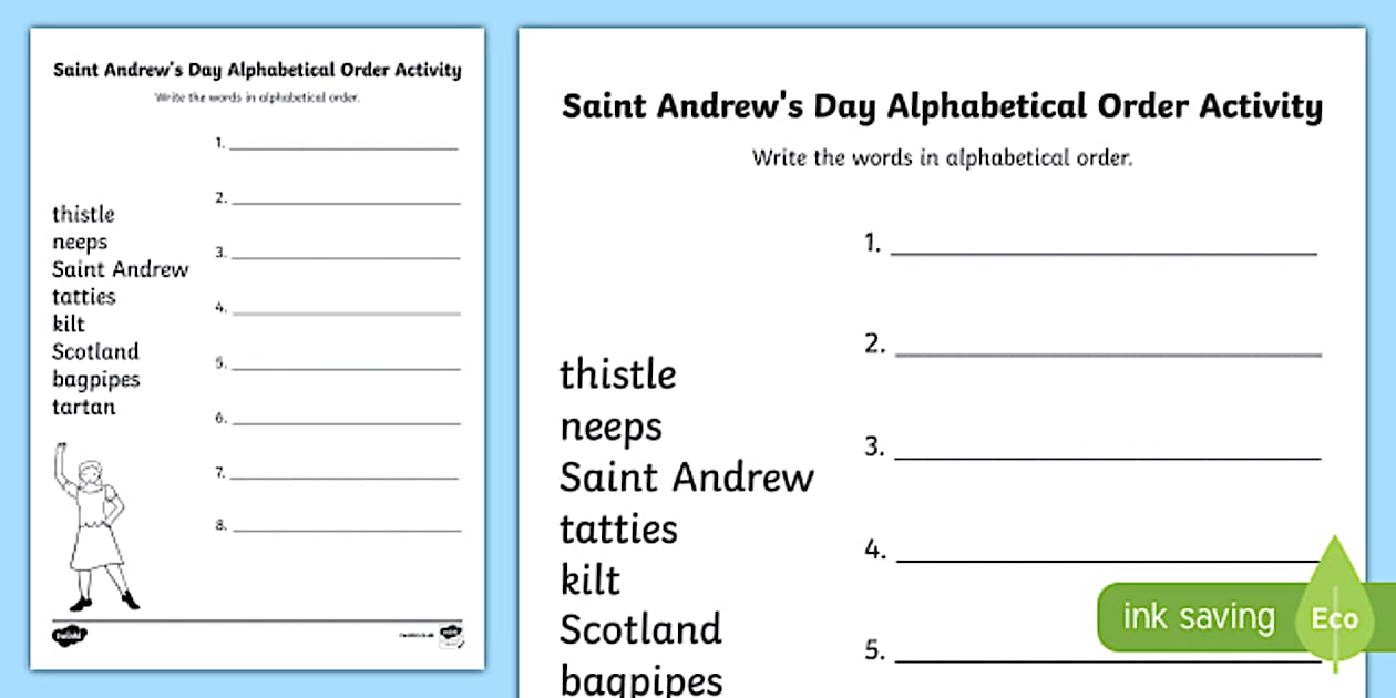 Editable Saint Andrew's Day Words Alphabetical Order Activity