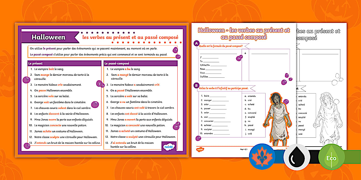 Halloween Past and Present Tense Activity French - Twinkl