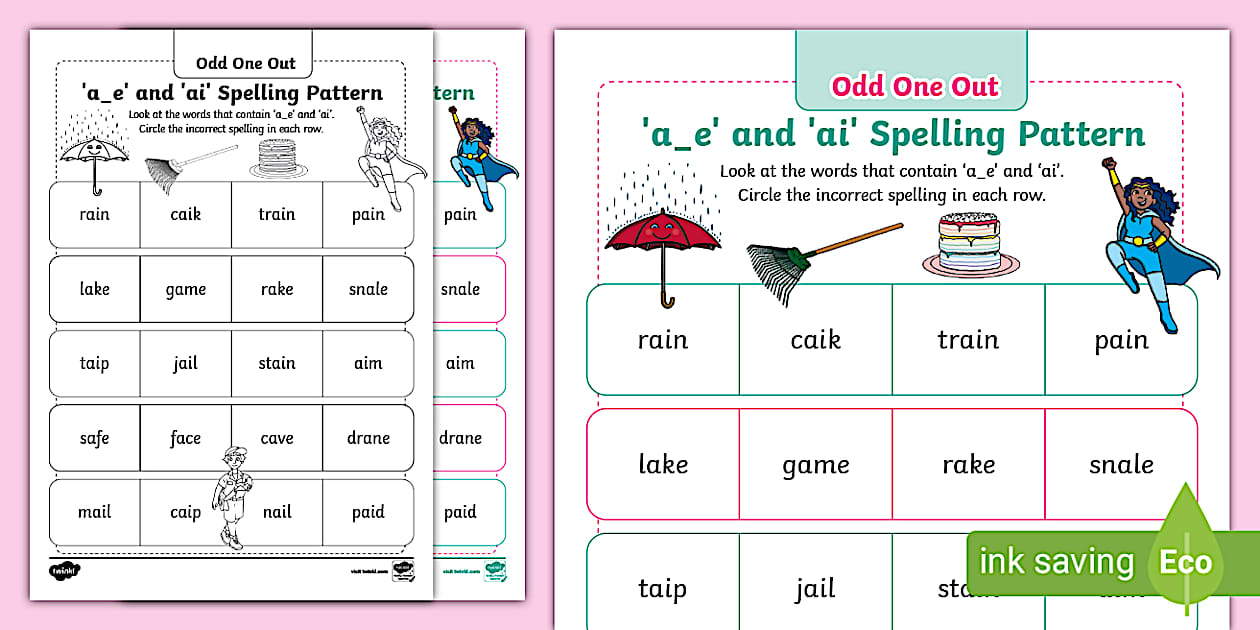 'a_e' and 'ai' Spelling Odd One Out Worksheet (teacher made)