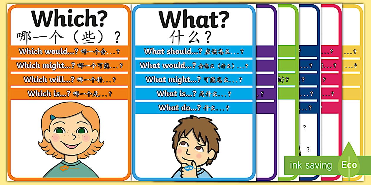 Question Words Poster Pack English/Mandarin Chinese - Twinkl