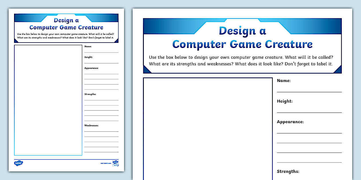 Design a Computer Game Creature Worksheet (teacher made)