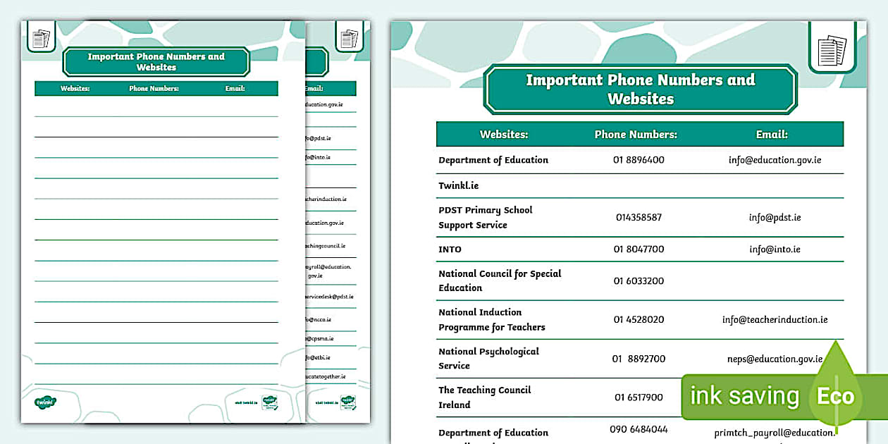 Teacher Planner: Important Phone Numbers and Websites