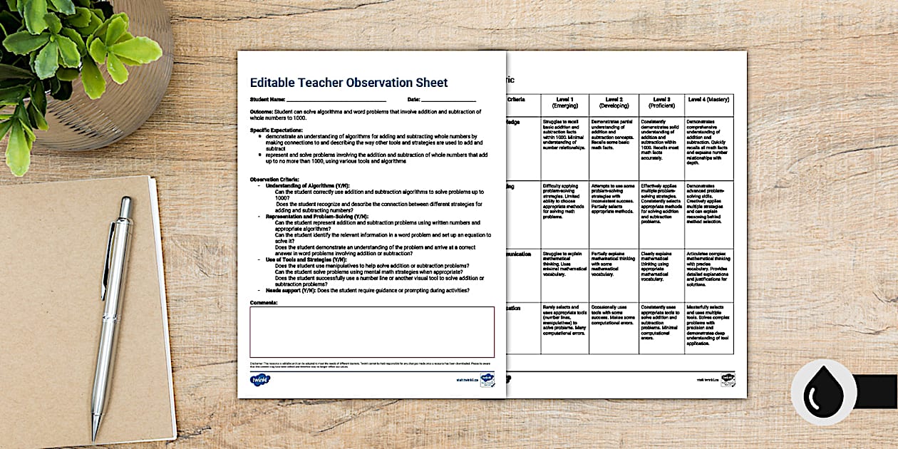Grade 3 Editable Teacher Observation Sheet and Rubric for Addition and