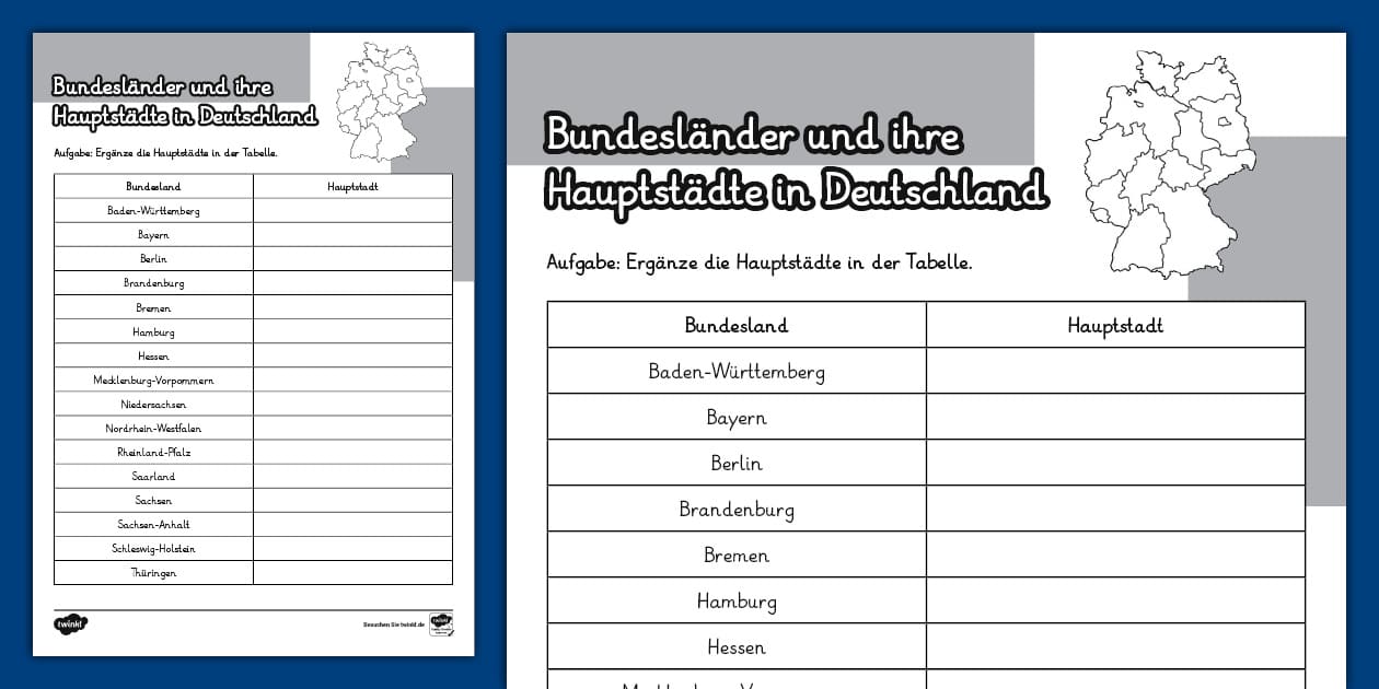 Bundesländer und ihre Hauptstädte - Arbeitsblatt - Twinkl