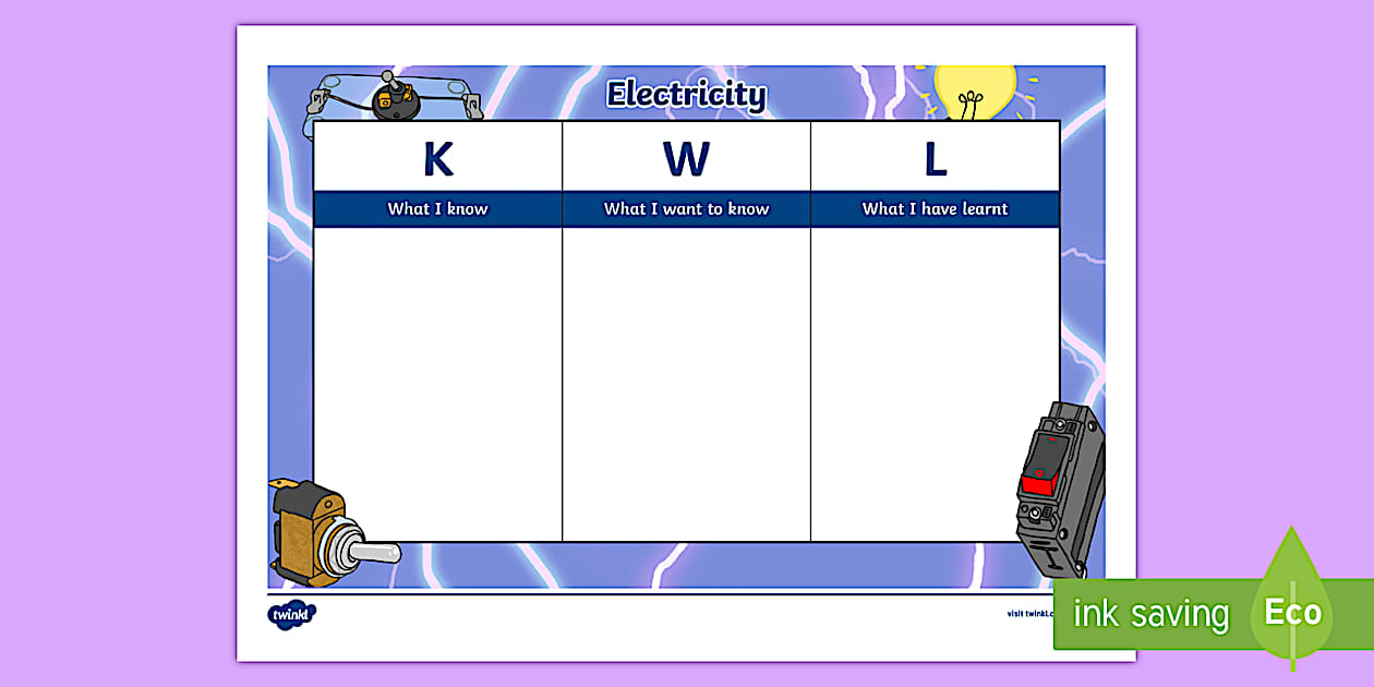 Black and White Electricity Topic KWL Grid (teacher made)
