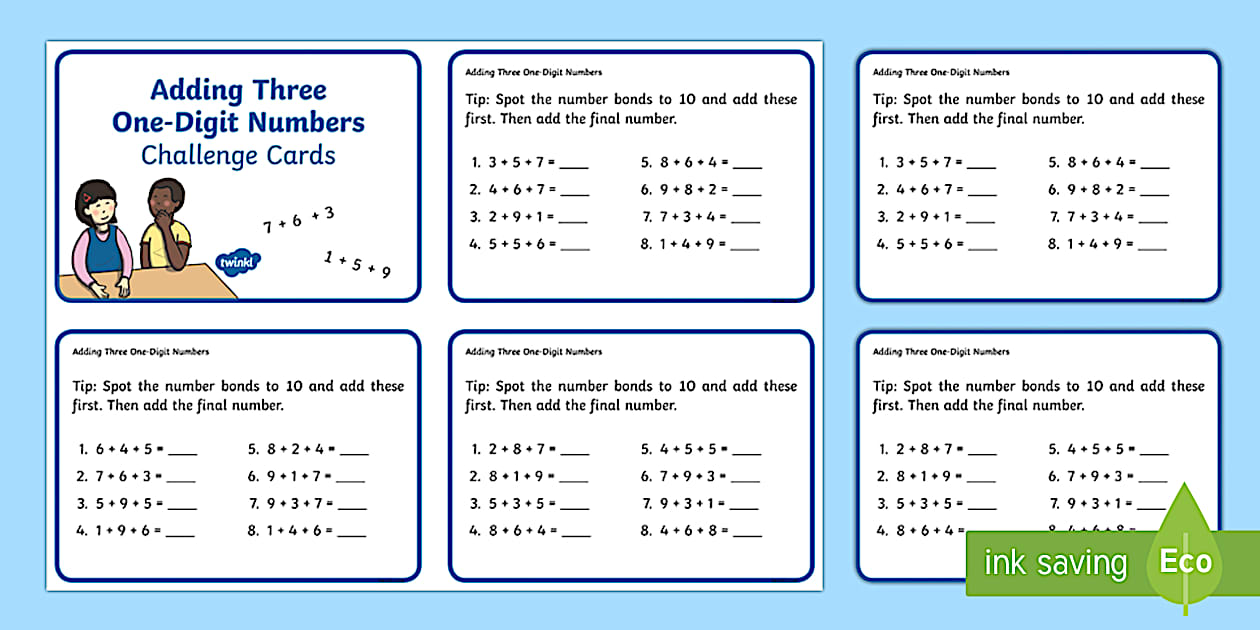 VIC Add Three One-Digit Numbers Number Bonds to 10 Maths Challenge Cards