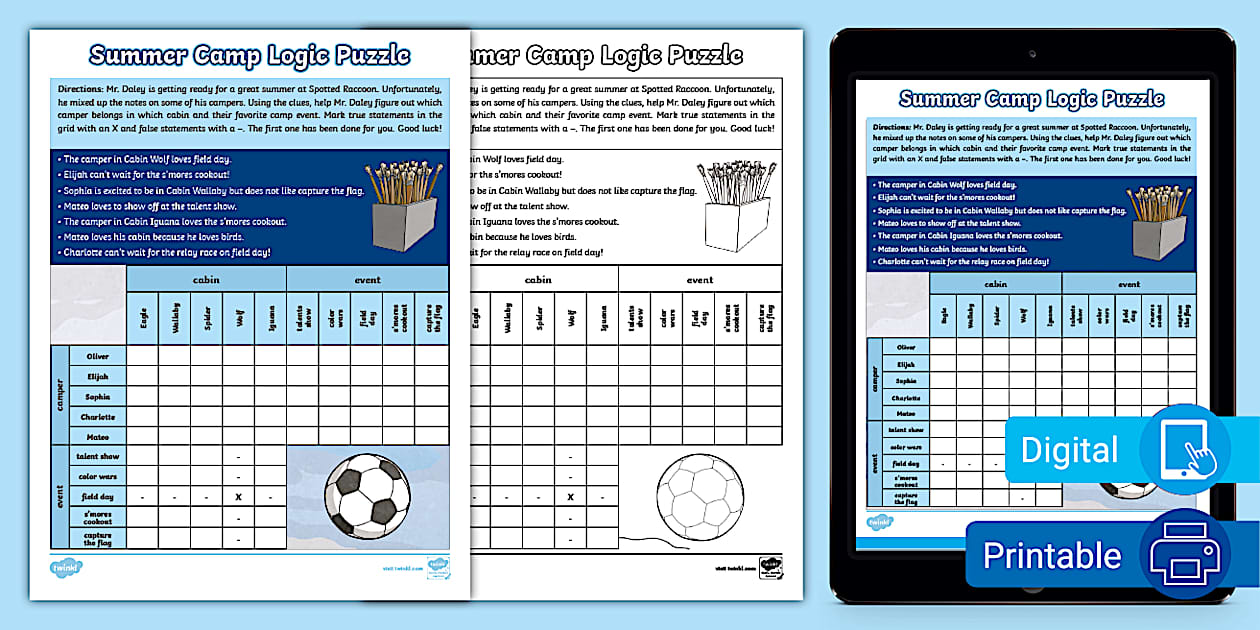 Summer Camp Logic Puzzle for 3rd-5th Grade (teacher made)