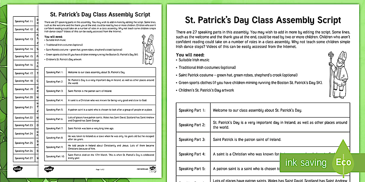 Editable KS1 St. Patrick’s Day Class Assembly Script