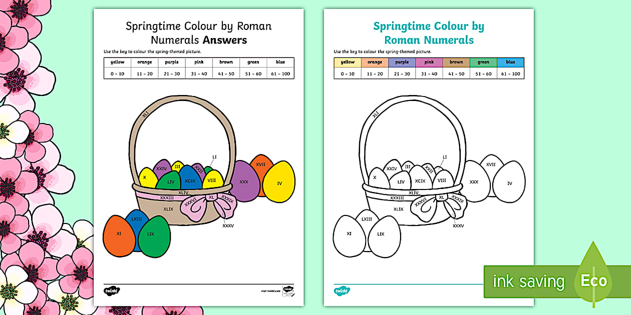 Spring-Themed Maths Colour By Numbers Roman Numerals to 100 Worksheet