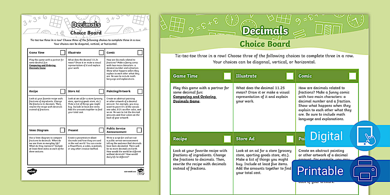 Decimals Math Choice Board (teacher made) - Twinkl