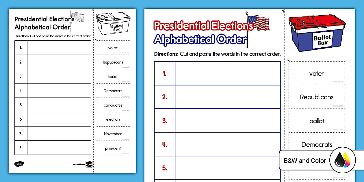 Presidential Elections Alphabetical Order Worksheet - Twinkl