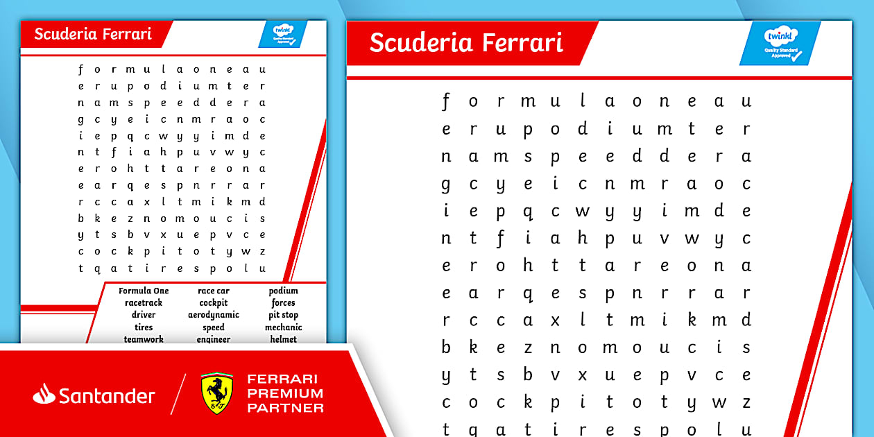 FREE Scuderia Ferrari F1: Word Search for Grade 3-5
