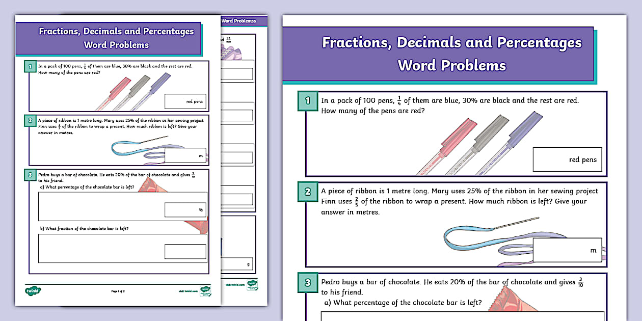 👉 Y5 Fractions, Decimals and Percentages Word Problems Worksheet