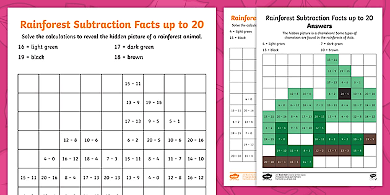 👉 Rainforest Chameleon Subtraction Facts up to 20 Maths Mosaic