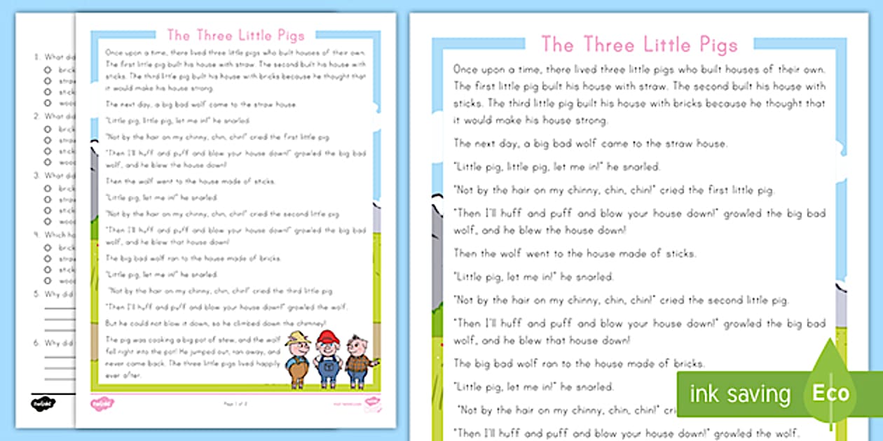 Second Grade The Three Little Pigs Reading Comprehension Worksheet