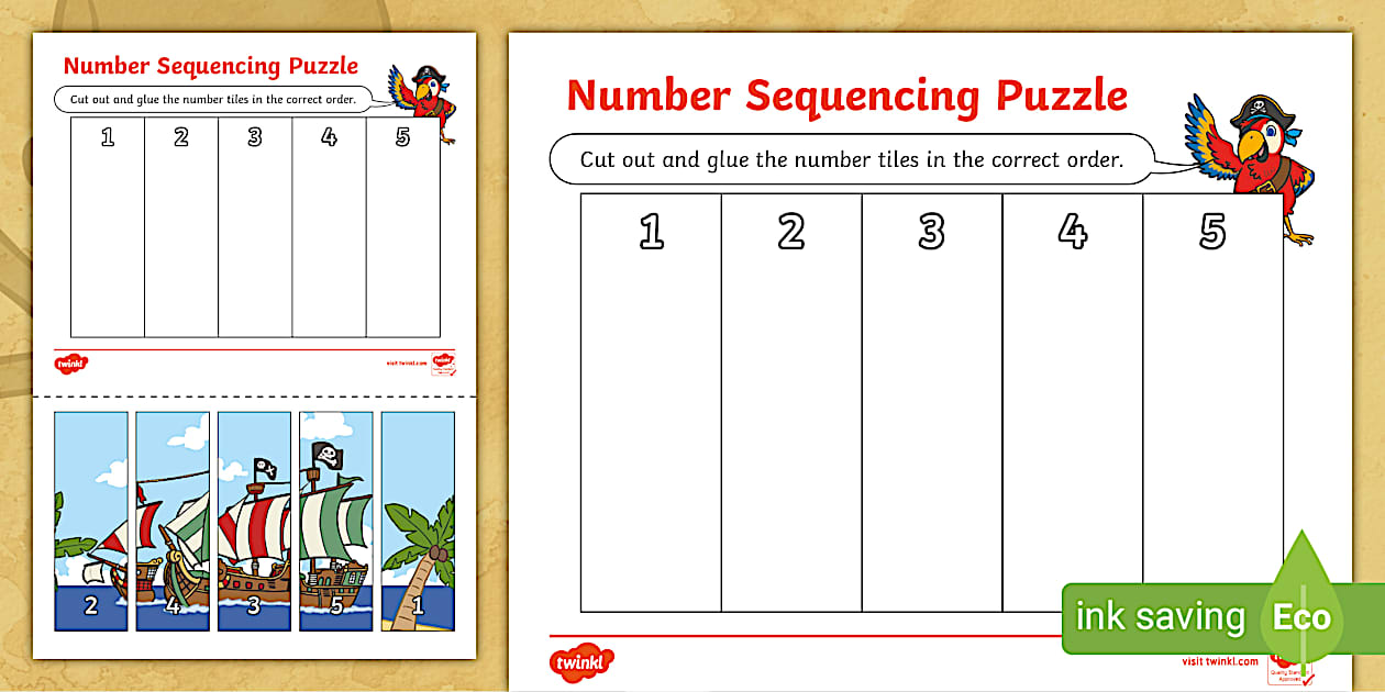 Cursive Pirate Themed Number Sequencing Puzzle - Twinkl