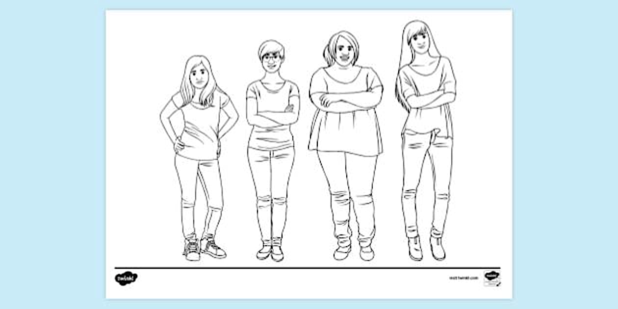 Four Girls Different Heights Colouring | Colouring Sheets