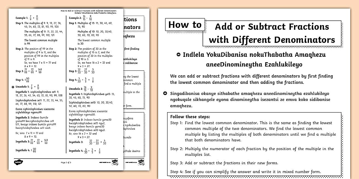 How to Add or Subtract Fractions with Different Denominators: Activity Sheet