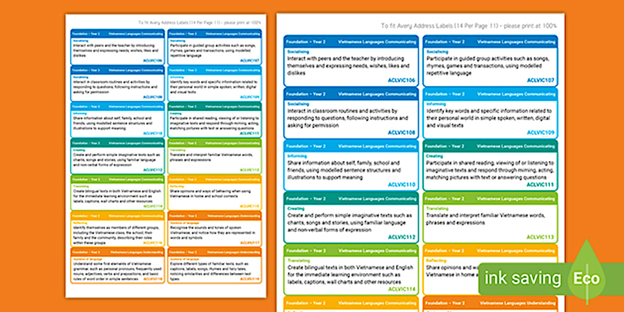 Australian Curriculum Vietnamese F-2 Learning Outcomes Stickers