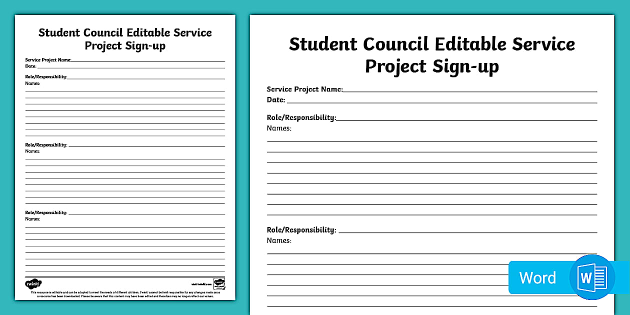 Editable Student Council Service Project Sign-up Sheet