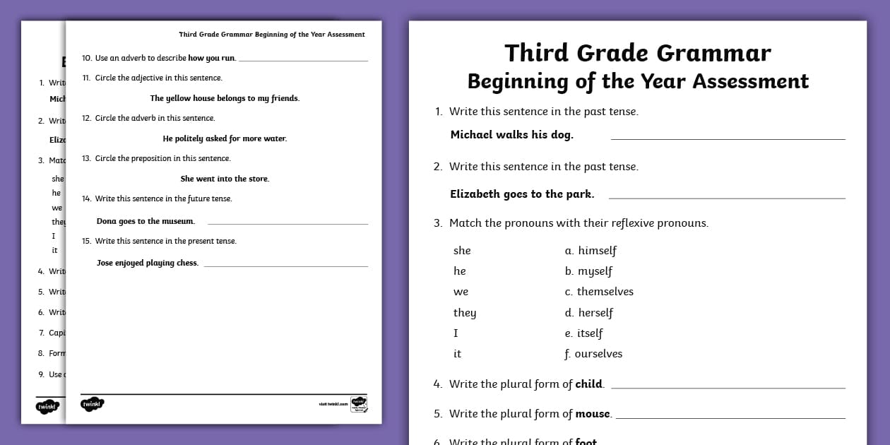 Third Grade Beginning of the Year ELA Grammar Assessment