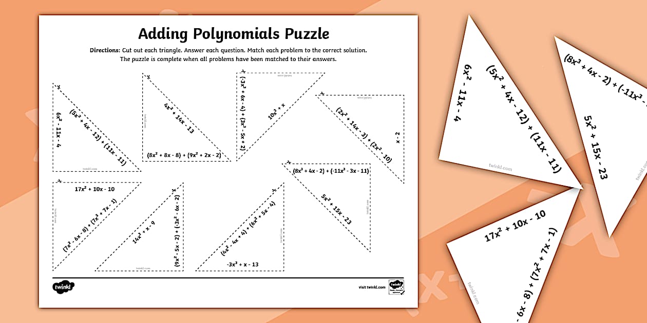 Algebra I: Adding Polynomials Square Puzzle (teacher made)
