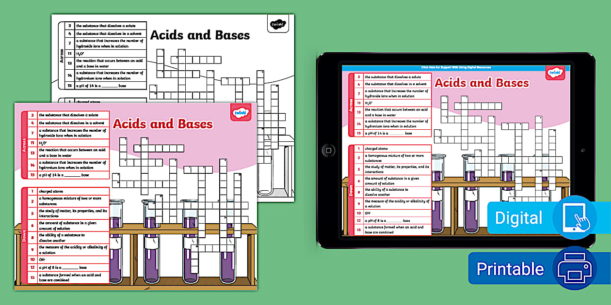 Acids and Bases Crossword for 6th-8th Grade (teacher made)