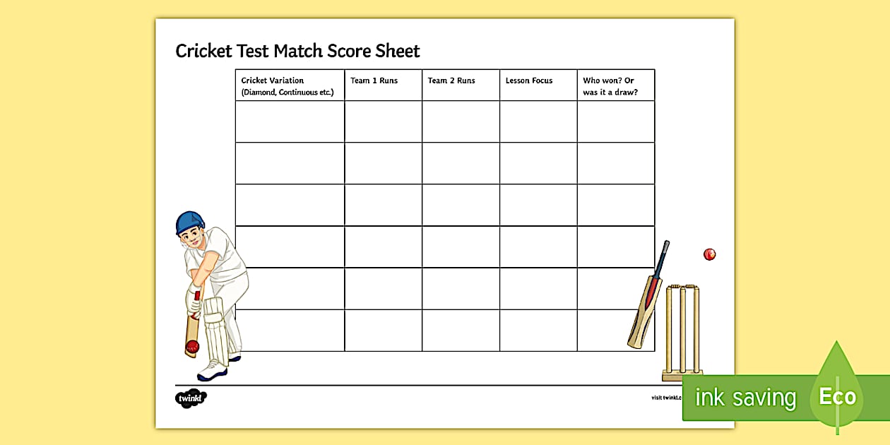 Cricket Mixed Test Match Score Sheet (teacher made) - Twinkl