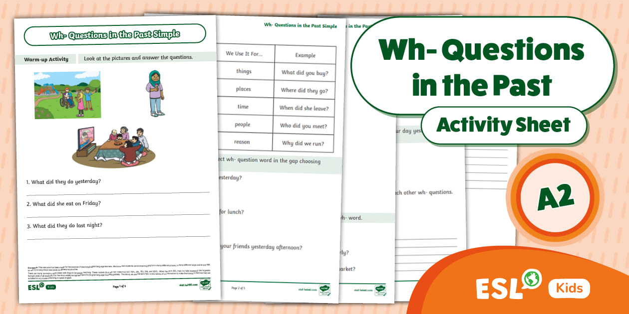 ESL Wh- Questions in the Past Activity Sheet for Kids {A2}