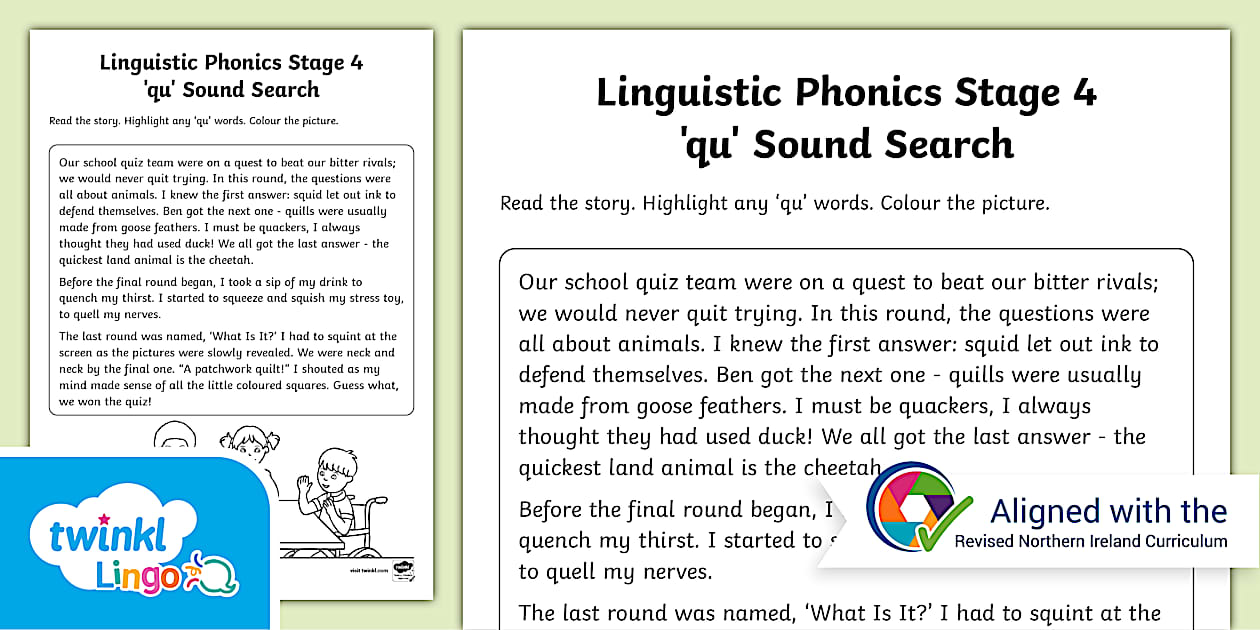 Linguistic Phonics Stage 4 'qu' Story Search Activity Sheet
