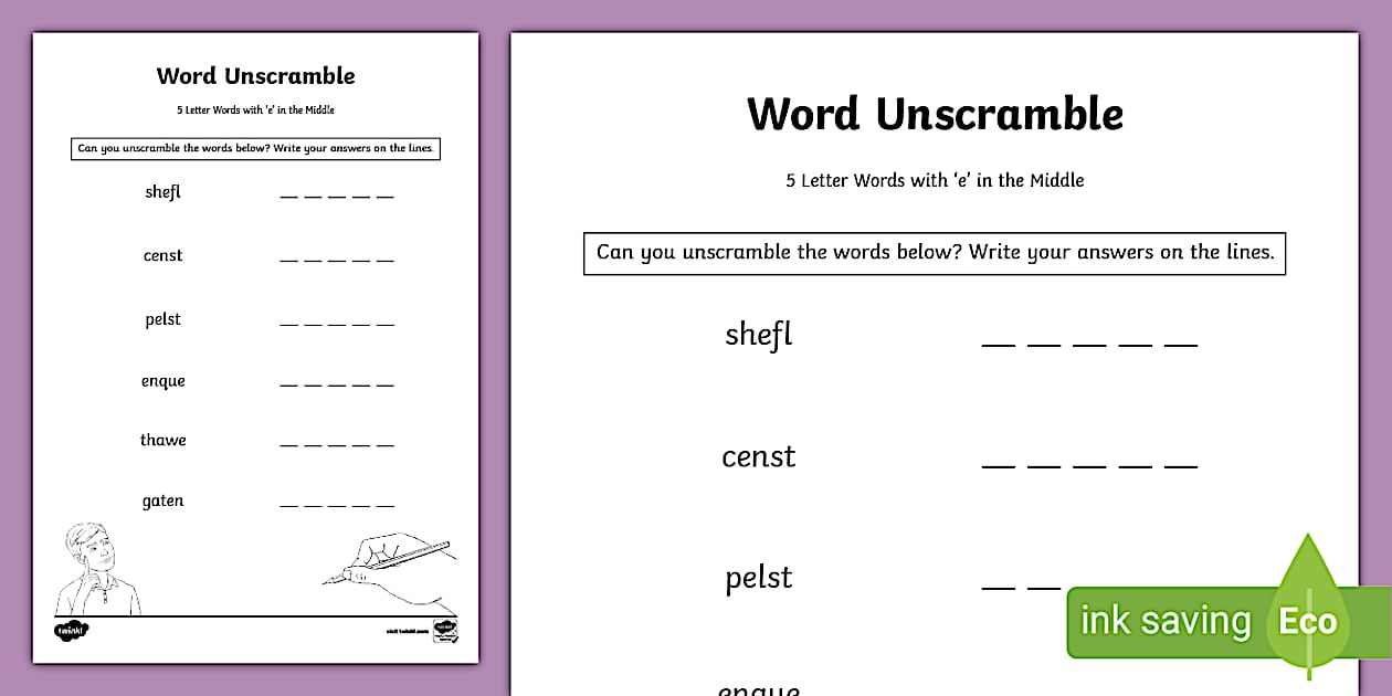 Unscramble the 5 Letter Words with 'e' in the Middle Worksheet