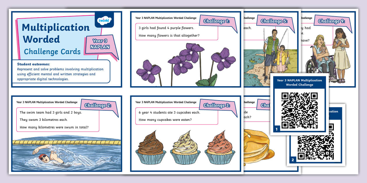Year 3 NAPLAN multiplication Worded Challenge Cards with QR codes