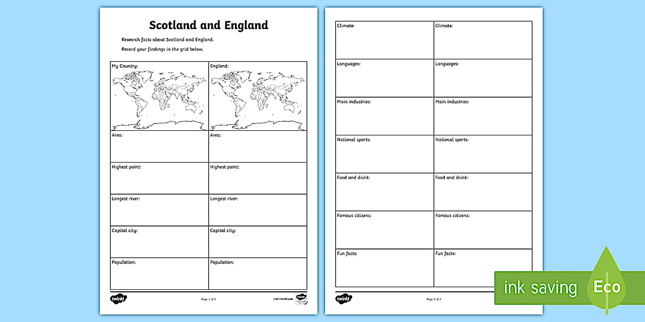 Scotland and England Comparison Research Worksheet - Twinkl
