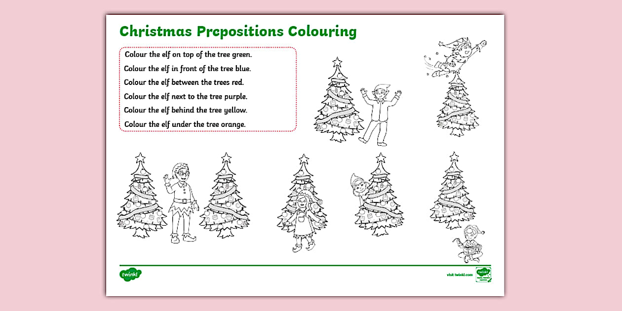 Christmas Prepositions Colouring Worksheet - Twinkl - KS1