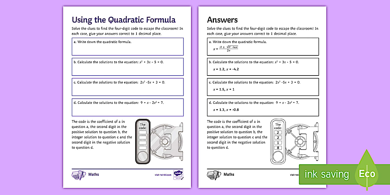 GCSE Escape the Room: Quadratic Formula Challenge Card