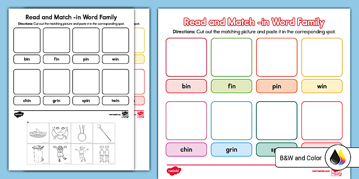 Read and Match -in Word Family Activity Worksheet - Twinkl
