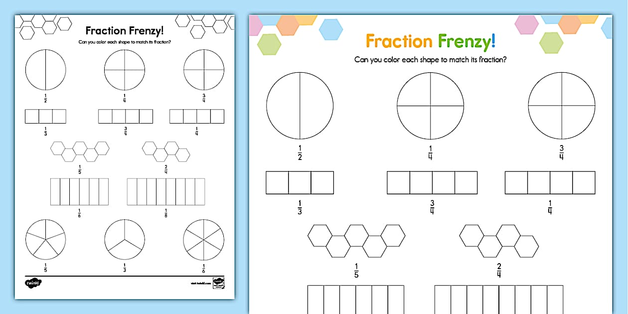 Second Grade Fraction Frenzy! Color the Fraction Math Worksheet