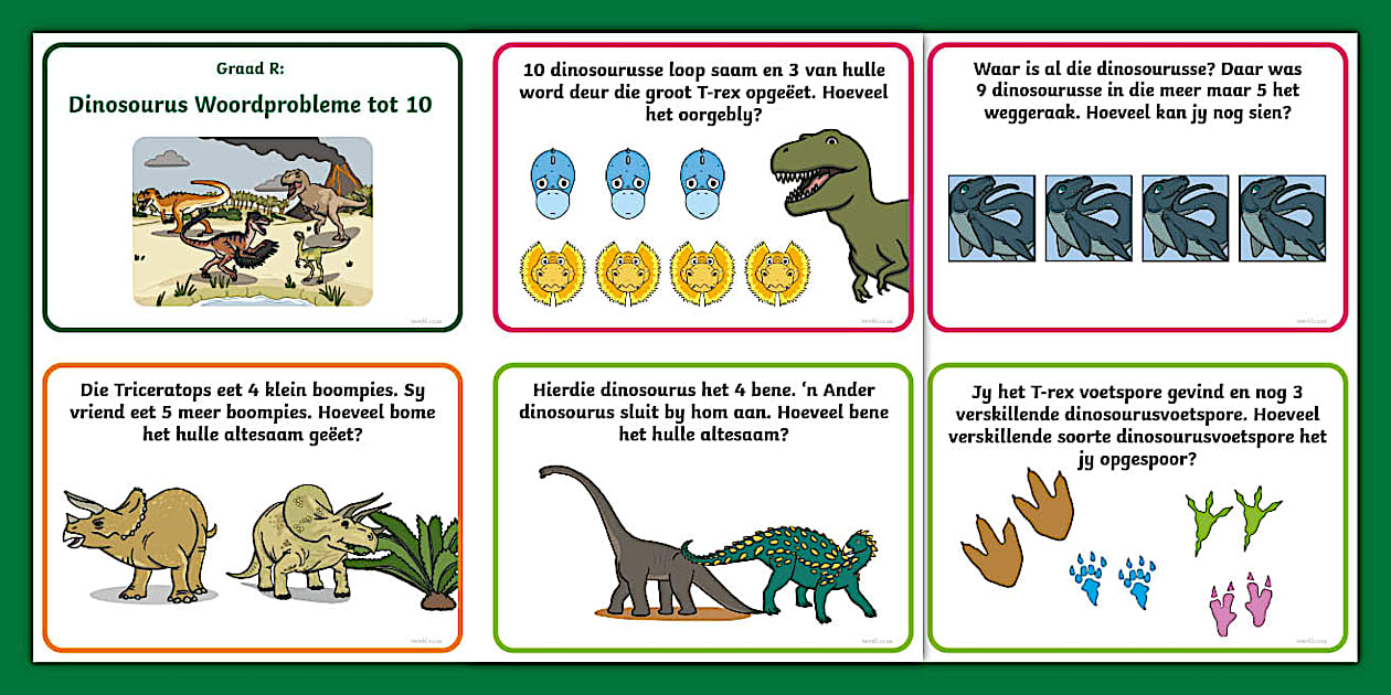 Graad R Dinosourus Woordprobleme tot 10 Werkblad - Twinkl