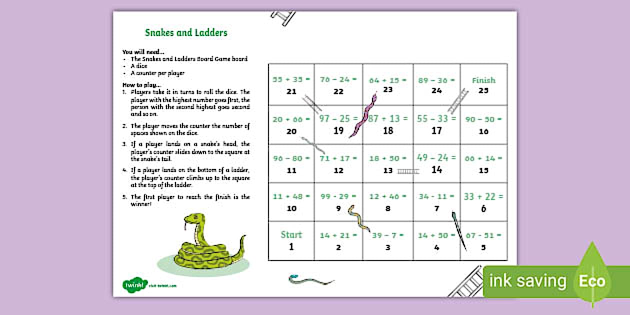 Snakes and Ladders Addition and Subtraction up to 100 Board Game