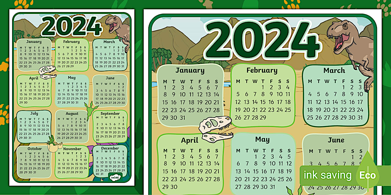 T-Rex-Themed 2024 Wall Calendar Poster (teacher made)