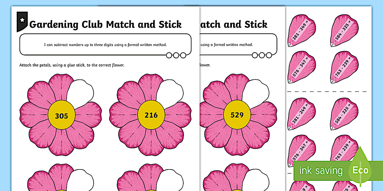 Subtraction Match and Stick Worksheet / Worksheet - Twinkl