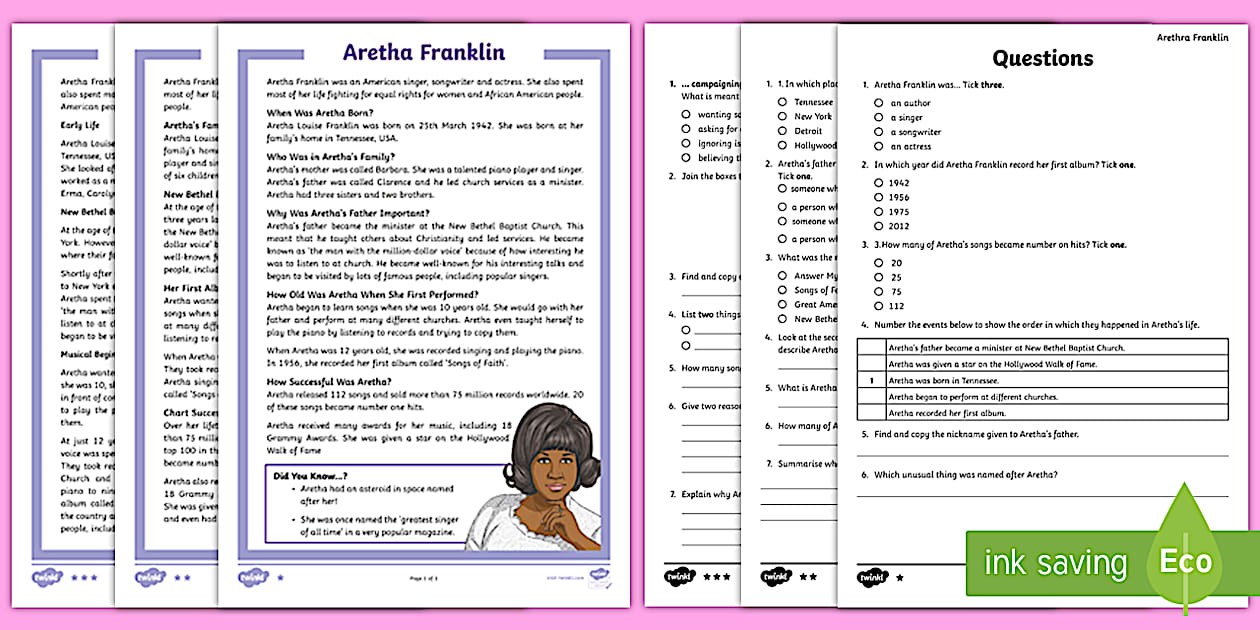 Aretha Franklin Differentiated Reading Comprehension Activity